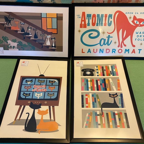 Cat Art Print, Family of Cats, Retro TV Show Mid Century Modern Art ...