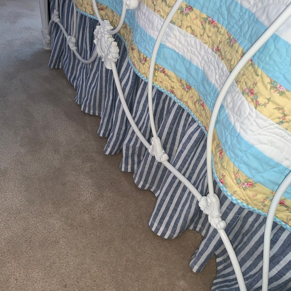 Striped RUFFLE BEDSKIRT. Stonewashed Linen Dust Ruffle. Farmhouse ...