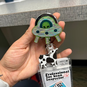 The Original UFO Alien Cow Abduction Funny Retractable Badge Reel Glow ...