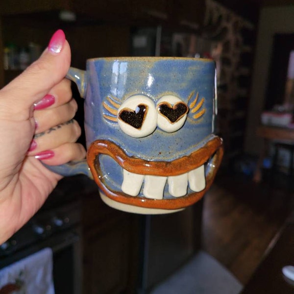 PENELOPE Pottery Chicken Mug in Blue. Cute Hot Tea Mug. Funny Face ...