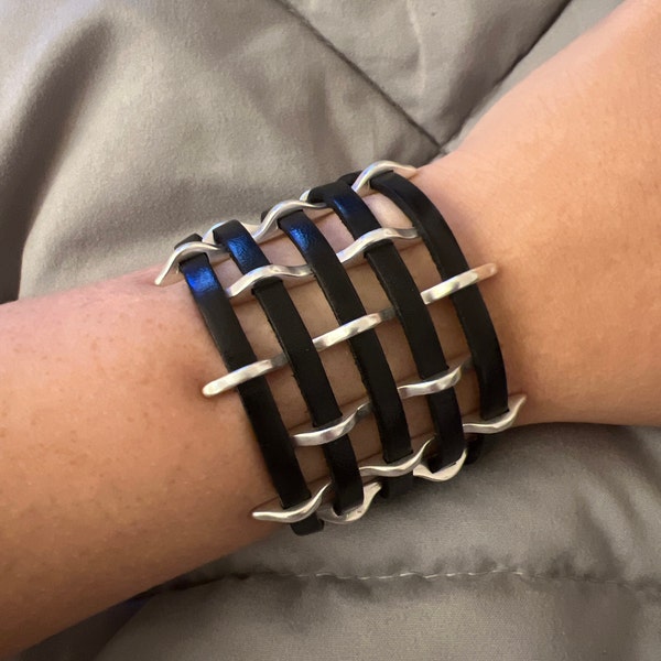 The Defender Bold and Edgy Statement Leather and Silver Cuff Bracelet ...