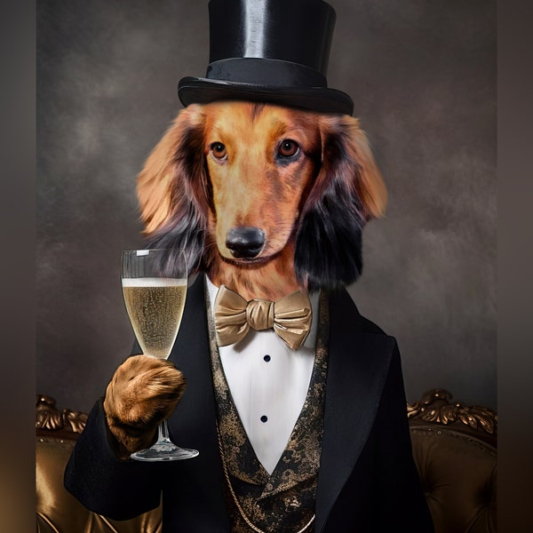 Custom Gentleman Dog Portrait, Dog Drink Wine Portrait, Gentleman Pet ...