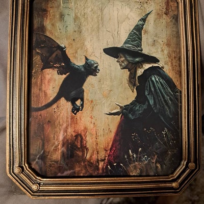 Gothic Bat Woman Oil Painting, Flying Witch With Bat Wings in the ...