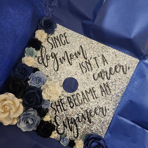 Glitter Graduation Cap Topper: Silver, Blue & White Flowers - Etsy