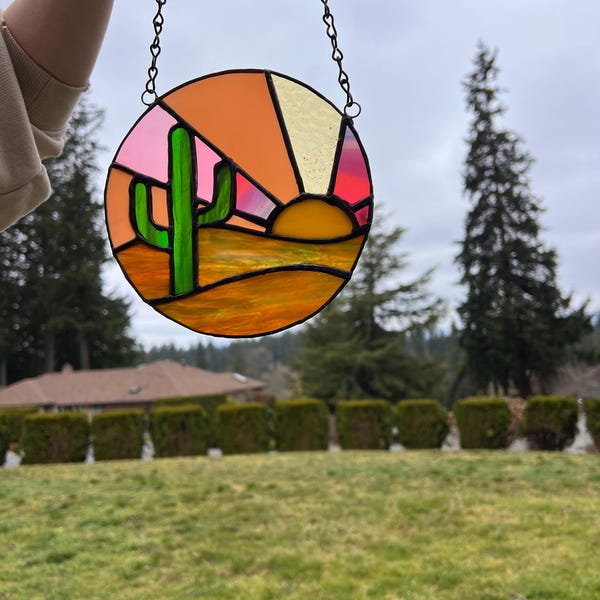 Stained Glass Pattern Desert, Stained Glass Pattern Sunrise, Digital ...