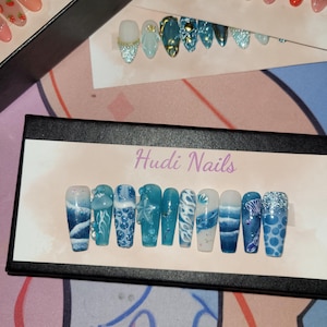 Stunning Acubi-style Nails Deep Blue Ombre Press on Nails Sparkling ...