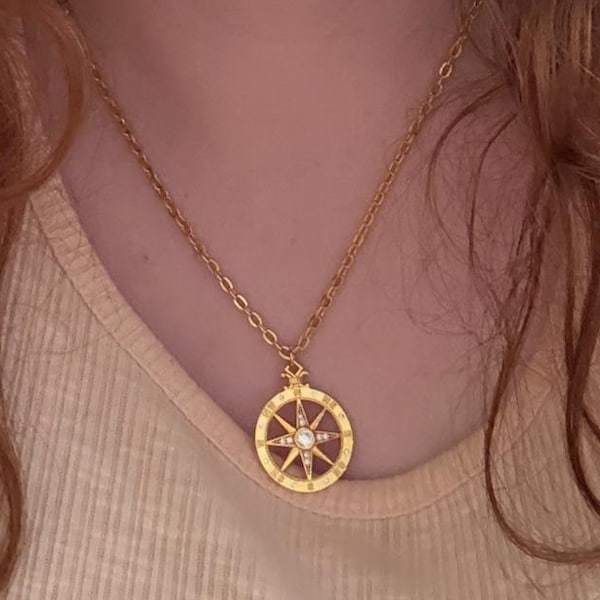 Gold Plated Coin Compass Pave Necklace, Compass Pendant Necklace, North ...