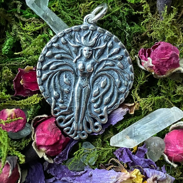 Solid 925 Sterling Silver Double Sided Pagan Tree Goddess With Moon and ...