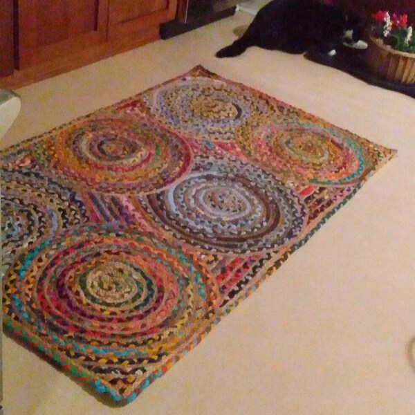 Indian Handmade Braided Jute Chindi Rug With Fringe Round Rug Home ...