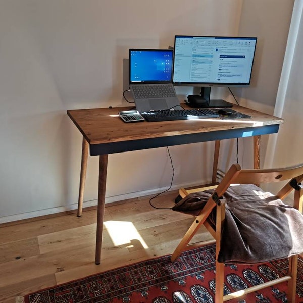 Scandi Computer Desk With Drawer Solid Wood Retro WFH Solid Wood ...