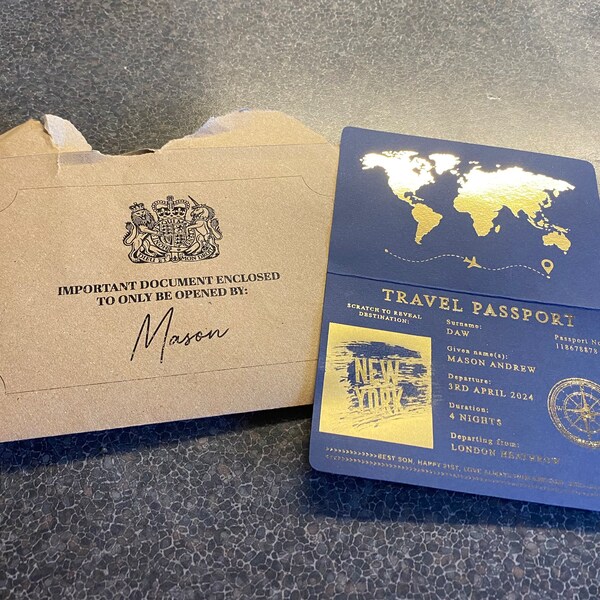 Gold Foil Passport Scratch & Reveal Travel Ticket Surprise Gift Card ...