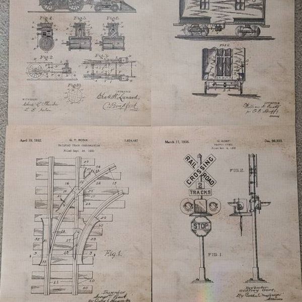 Vintage Railroad Train Patent Prints, 4 Unframed Photos, Wall Art Decor ...