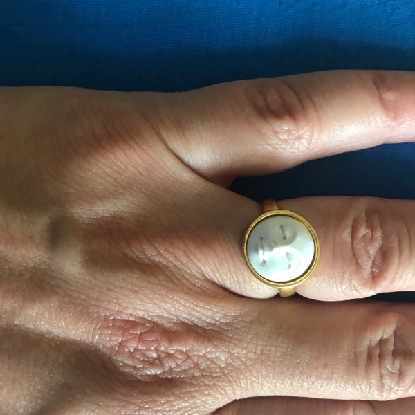 Moon Face Ring. Hand Casted Full Moon in Brass Gold Setting. Gold ...