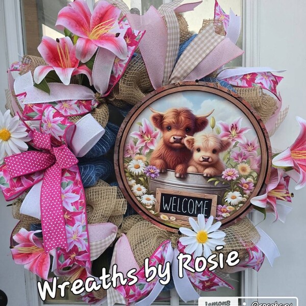 Highland Cows in Metal Bucket With Florals Welcome Wreath Sign, Metal ...