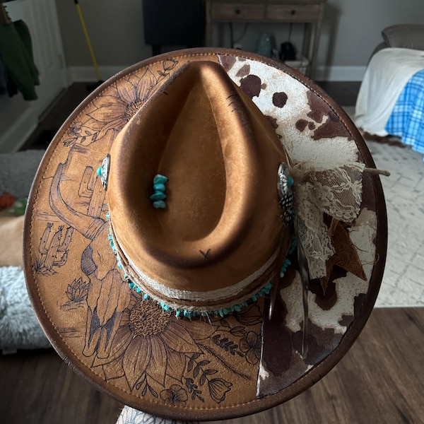 CUSTOM HAND BURNED Wide Brim Hat Bride Branded Hat Flowers and Leaves Burned Hat Western Hat - Etsy