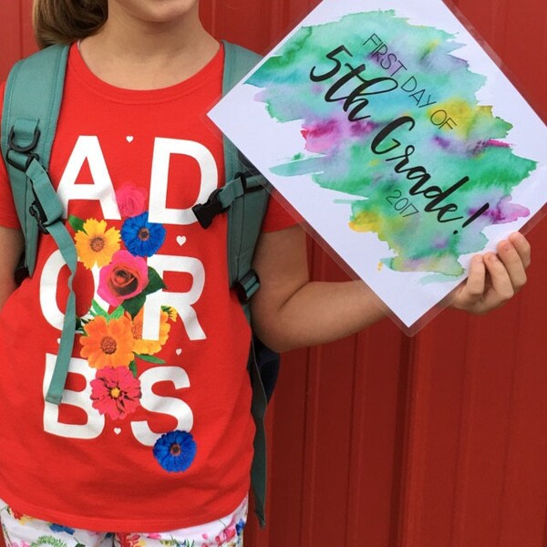 First Day of School Sign, 5th Grade, Watercolor, Green Purple, First ...