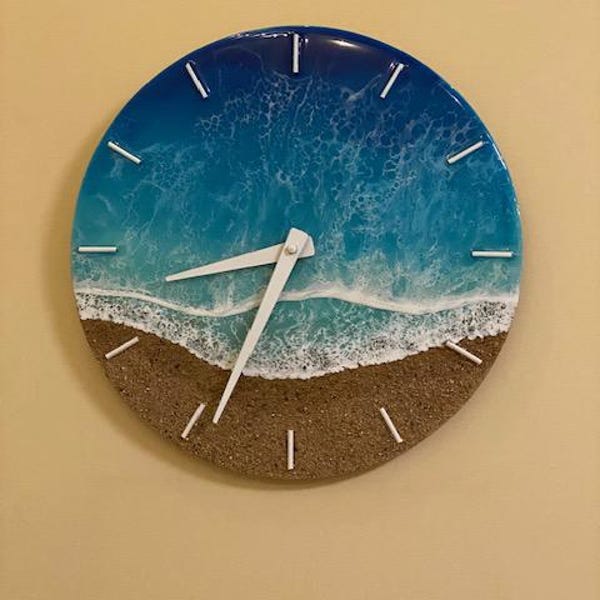 Resin Clock- Sand and Ocean Blue Water and White Waves / Beach Art ...