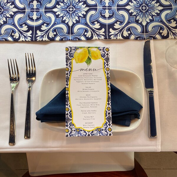 Printable Menu Template, Positano Blue Tile Lemons, Italian Almalfi ...