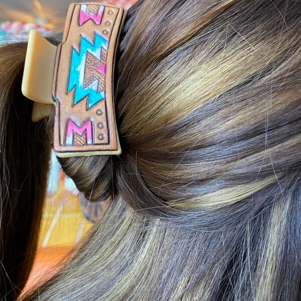 Custom Floral & Colorful Hand Made Tooled Leather Double Sided Hair ...