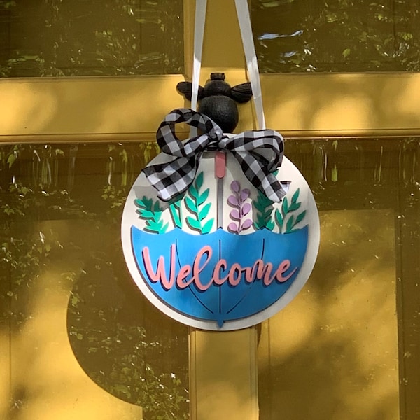 Spring Umbrella Floral Welcome Wood Blank DIY Round Door Hanger Sign ...