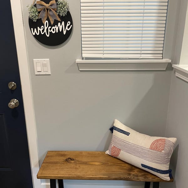 Handmade Rustic Wood Bench | Trapezoid Steel Legs | Entryway Bench ...