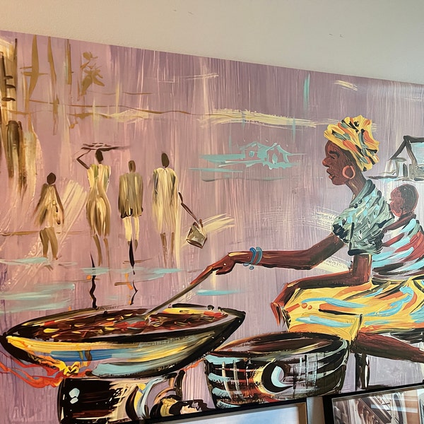 African Mother Cooking, Authentic Nigerian Art Canvas, Black Woman Art ...