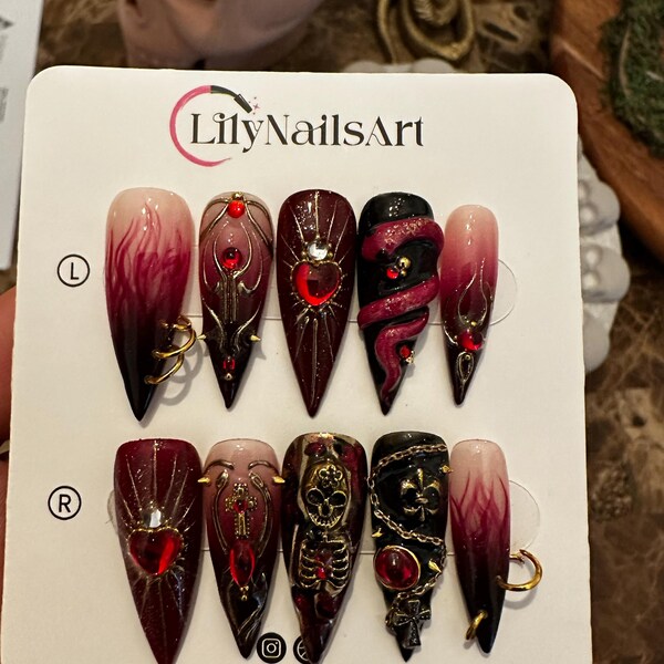 Elegant Gothic Stiletto Press-on Nails: Silver Cross Charm & Planet ...