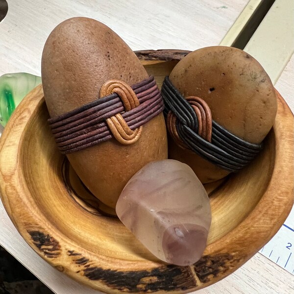 Sold as a Set, Leather Wrapped Centering Stones, Sterling Silver Heart ...