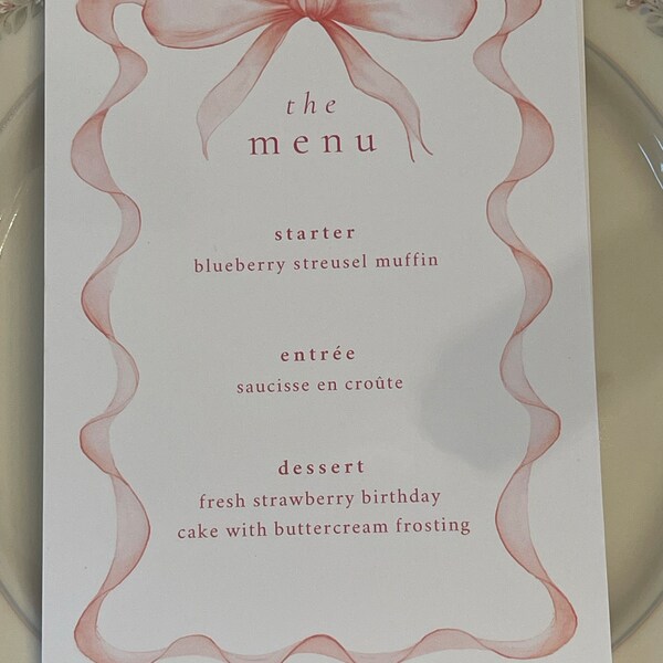 Pink Ribbon Bow Menu Template, Hand Drawn, Wedding/bridal Shower Menu ...