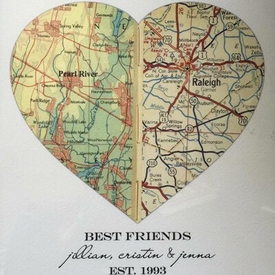 Map Heart Art, Long Distance Friendship, Best Friend Gift, Map Art ...