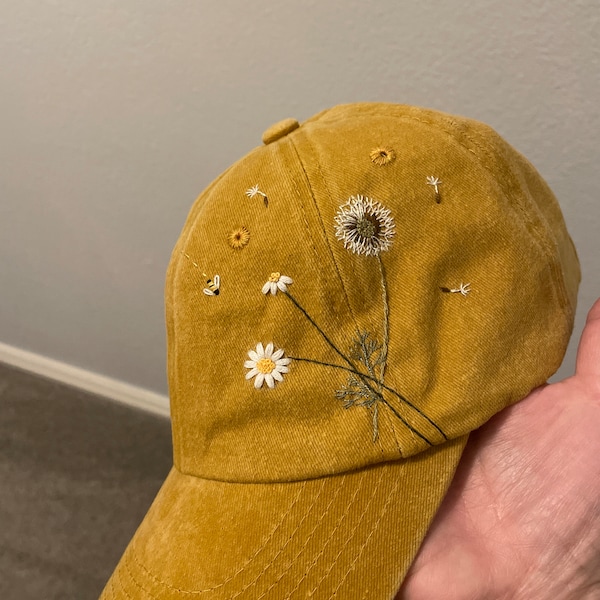 Hand Embroidery Daisy and Bee Hat, Floral Denim Cap, Baseball Cap ...