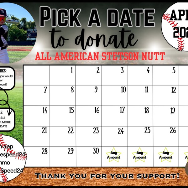 EDITABLE SOFTBALL Template, Pick a Date to Donate, Fundraiser Calendar ...