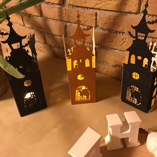 3 Halloween Lantern Templates, Haunted Gothic Castle Paper Cut Diy ...