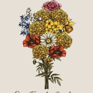 Birth Flower Family Bouquet, Birth Month Flower Art Custom, Hand Drawn ...