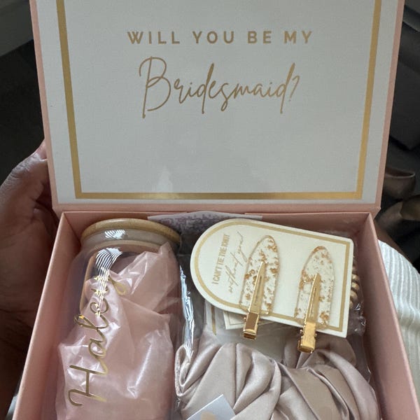 Bridesmaid Proposal Box: Personalized Glass, Hair Accessories Gift Set ...