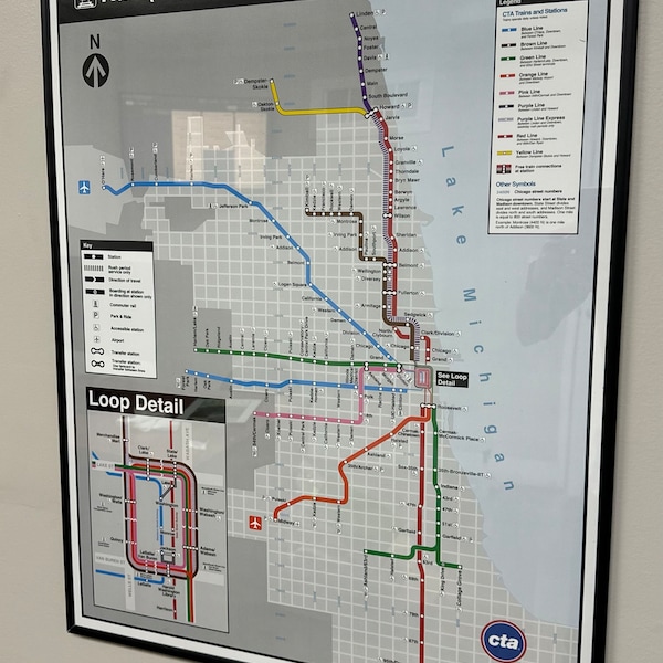 CTA Rail System Map Poster - Features All Lines: Red, Orange, Blue, Purple, Brown, Yellow, Green ...