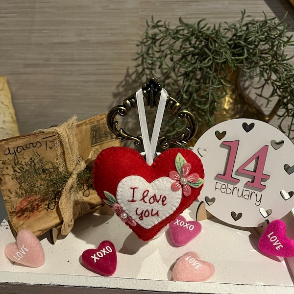 Wool Felt Heart Ornament, Embroidered Valentine Heart, Flowered Felt ...