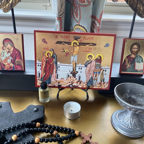 Triptych Christian Icon of Virgin Mary gorgoipikoos and Archangels With Aging Technique ...