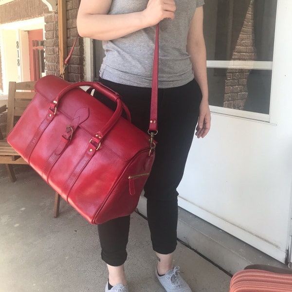 Red Leather Duffle, Leather Weekender Bag, Monogram Duffle, Carry All ...