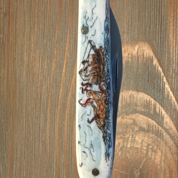 Etched Octopus and Ship Colored Design Scrimshaw Collection Letter ...