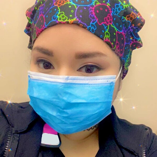 PONYTAIL Japanese Kitty With Pink Letters Scrub Cap, Scrub Hat for ...