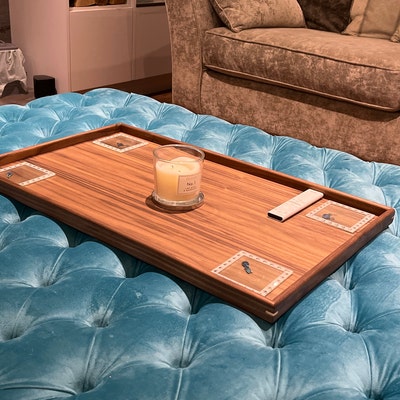 Large Black Footstool Tray With Handles, Wooden Serving Breakfast Tray ...