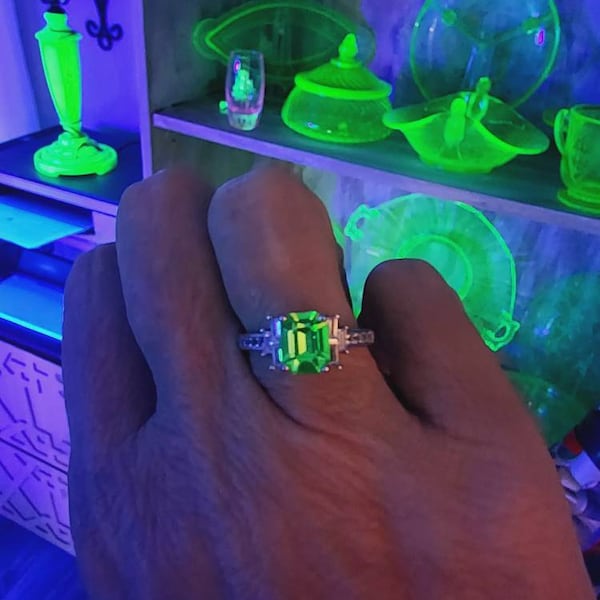 Uranium Glass Emerald Cut Ring Size 4 Through 10.5 in Sterling Silver ...