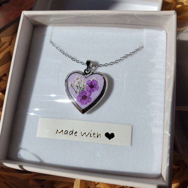 Handmade Pressed Flower Small Oval Locket Necklace Forget Me Not Flower ...