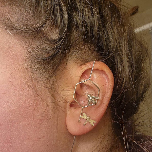 Bar Ear Cuff - Bee in Honeycomb - Sterling Silver Ear Cuff, Bee Ear Pin ...