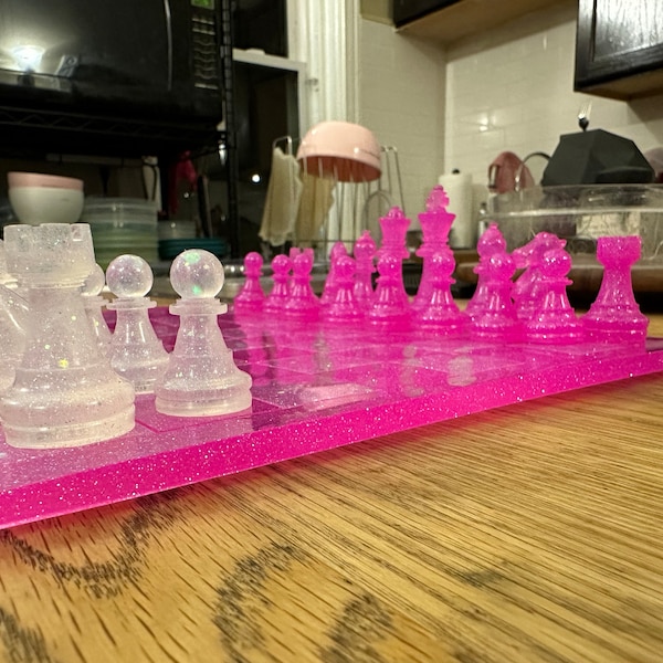 Glitter Resin Chess and Checkers Set | Enchanted Opal & Chunky Pink ...