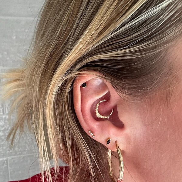 14k Solid Gold Heart Rook Earring Heart Rook Piercing Diamond Curved Bar Ring Gold Eyebrow ...