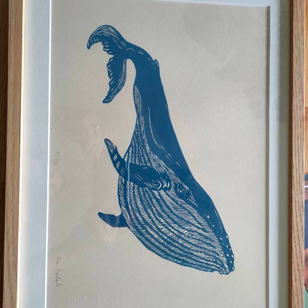 Linocut Whale - Original Art Print, Hand Engraved and Printed, Marine ...