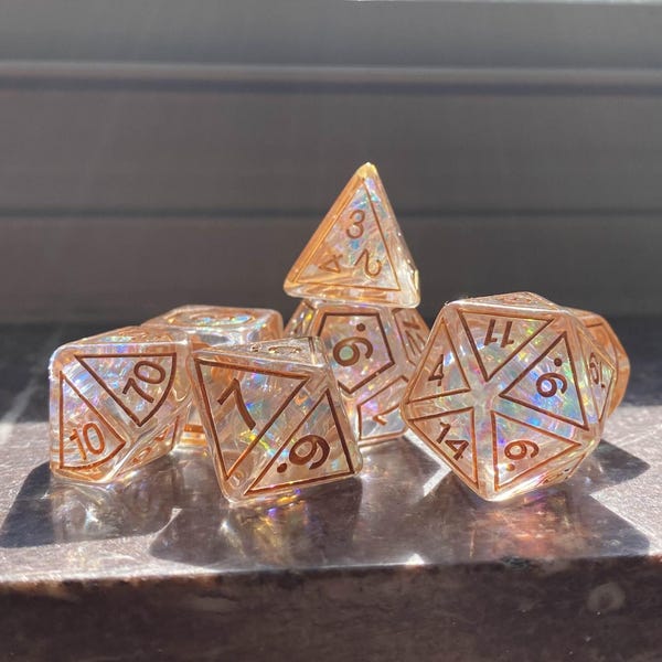 Arcane Gate Sparkling Prismatic Foil Effect Dice Set Golden Translucent ...