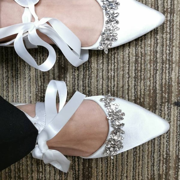 White Satin Pointy Toe Flats With FLORAL RHINESTONES and Satin Tie ...